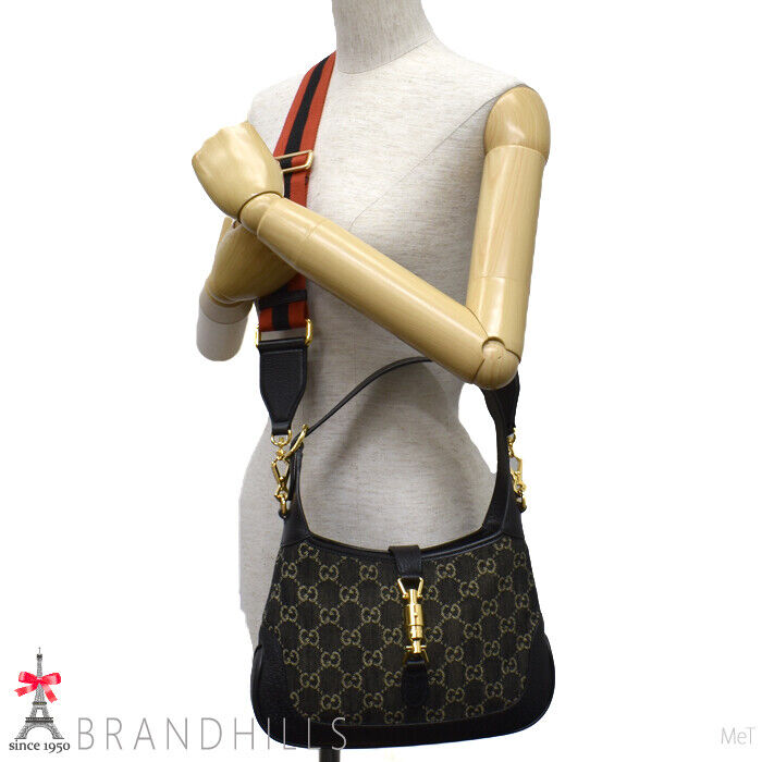 Gucci Handbag Women Jackie 1961 Small GG Denim Leather Black Gucci Handbag Women Jackie 1961 Small GG Denim Leather Black
