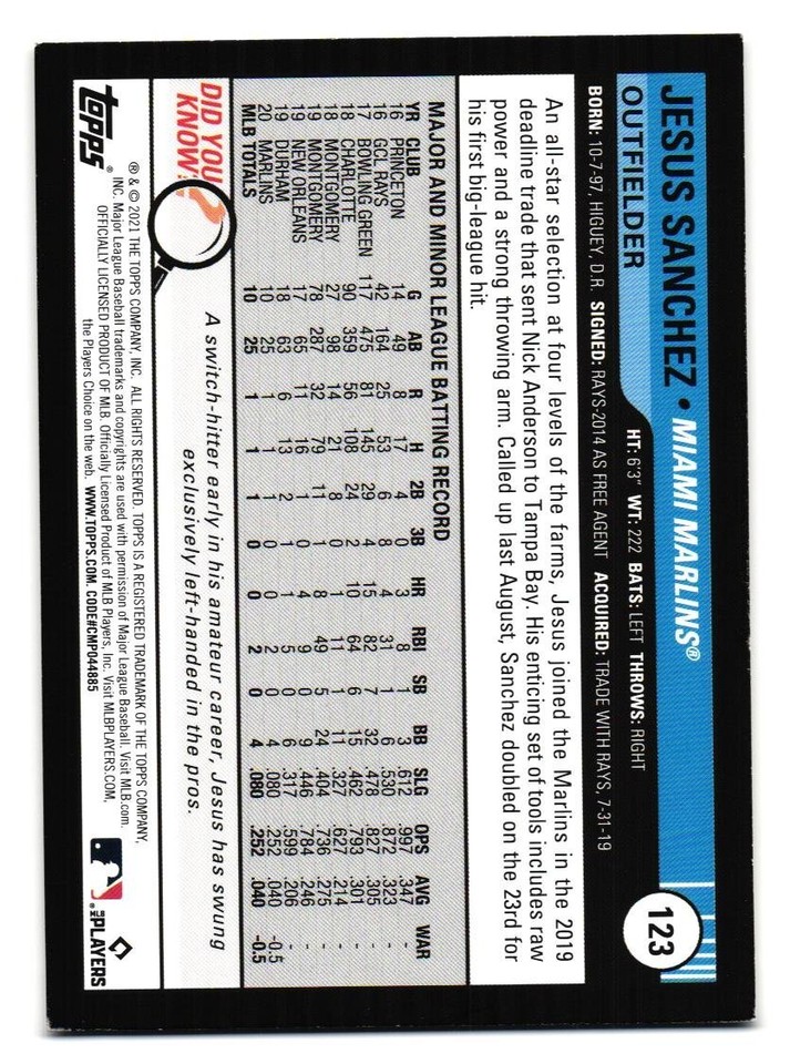 2021 Topps Big League # 123 Jesus Sanchez Rookie | eBay