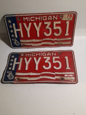 Two 1976 76 Michigan MI License Plate HYY351 Flag Bicentennial | eBay