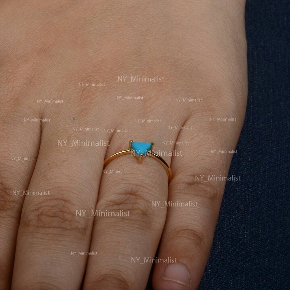 V Shape Prong Set Triangle Turquoise Ring Solid 14K Yellow Gold New ...