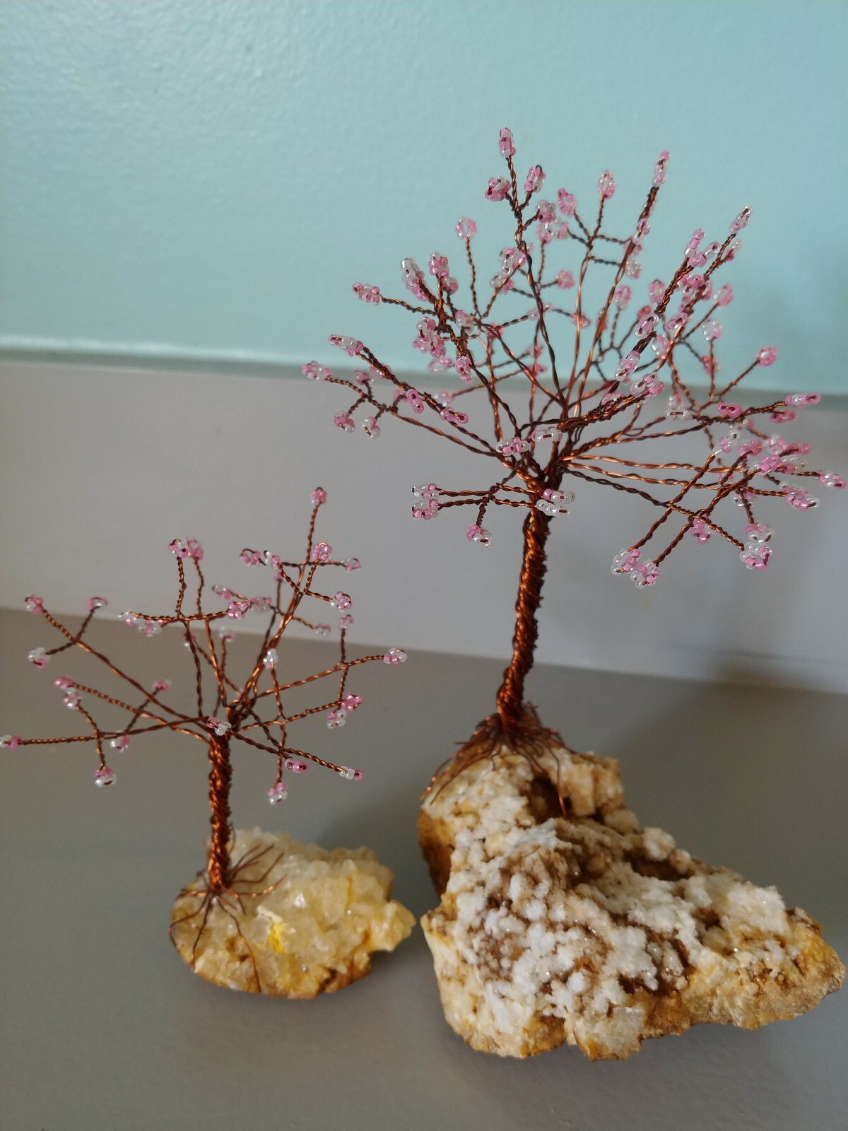 NEW set of 2 french beaded flower handmade tree geode tree rock pink ...