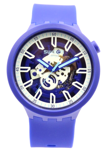 New Swiss Swatch ISWATCH BLUE Silicone Big Bold Skeleton Watch 44mm ...
