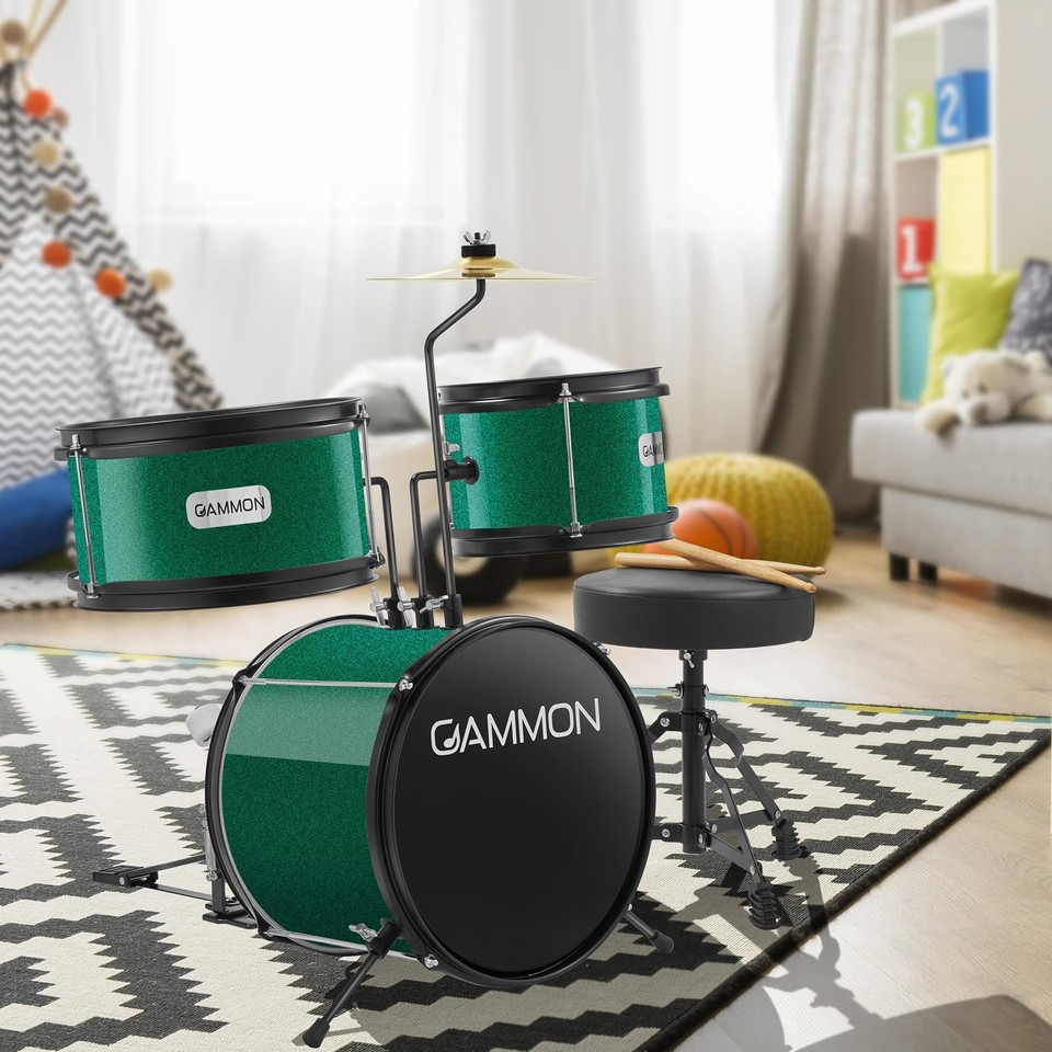 Gammon 3-Piece Junior Drum Set with Throne - Green, Complete Beginner ...