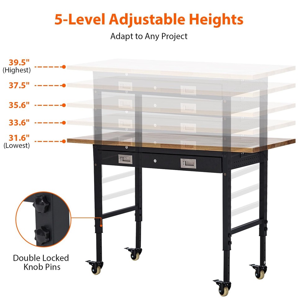 60" Workbench with Drawer Storage Adjustable Height Worktable for ...
