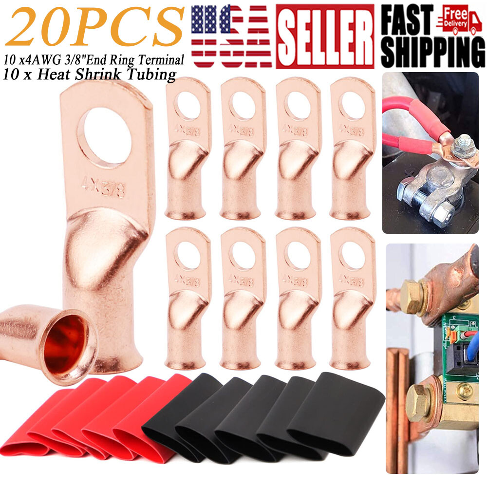 4 AWG Gauge Copper Lugs w/ BLACK & RED Heat Shrink End Ring Terminals ...