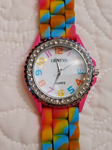 Geneva Wrist Watch Rainbow Silicone Buckle Band Rhinestone Jeweled ...