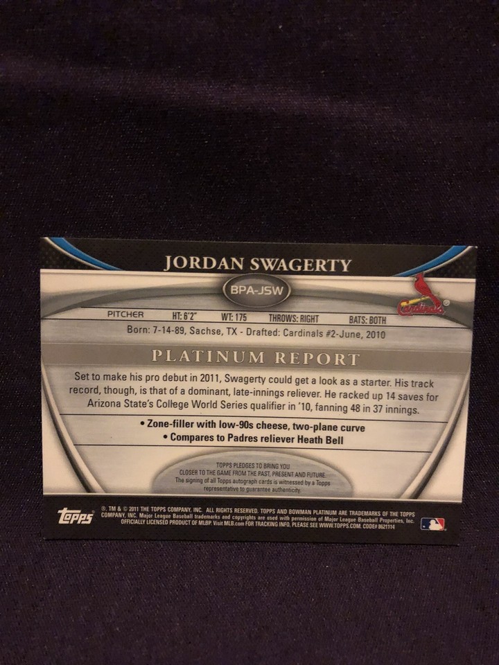 2011 Bowman Platinum Prospect Jordan Swagerty #BPA-JSW Auto signature ...