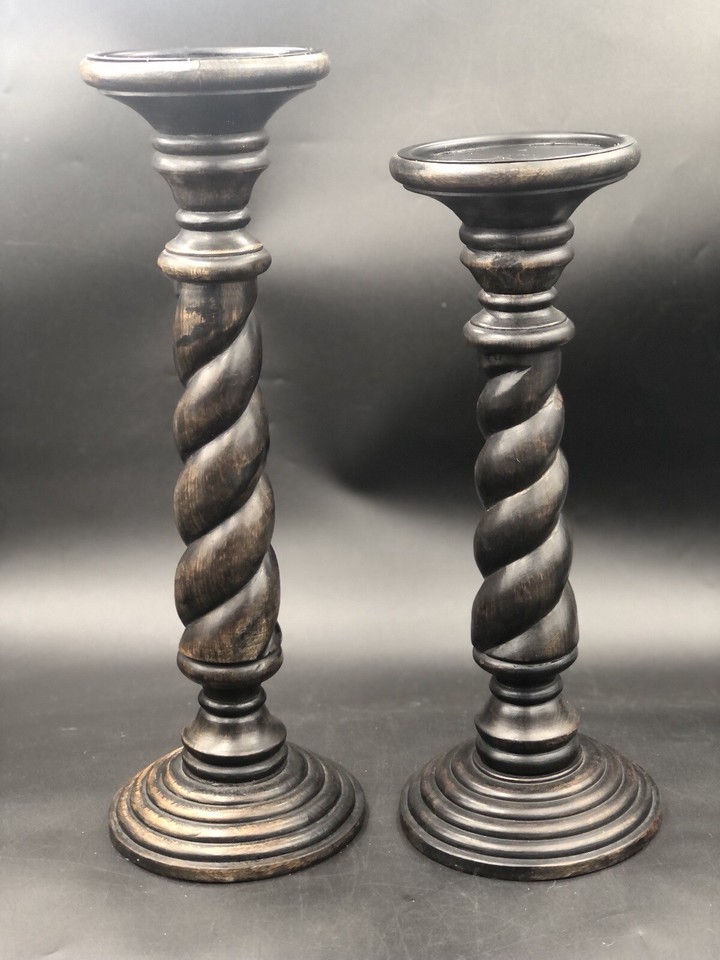 Large Dark Stained Wood Pillar Candle Stick Holders 17” & 15” Tall ...