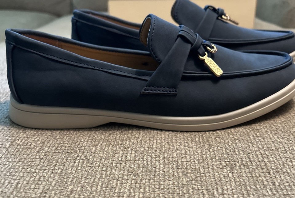 Yoki “carol” Blue Faux Suede Gold Trim Slip On Shoes Loafers Nautical ...