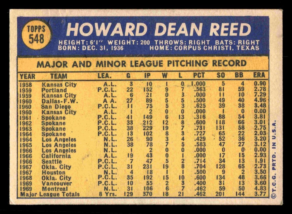 1970 Topps #548 Howie Reed - Montreal Expos (Low Grade) | eBay