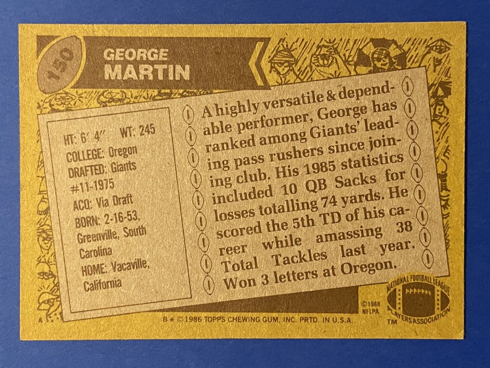 GEORGE MARTIN Hand Signed 1986 Topps #150 NY Giants Oregon Ducks ...