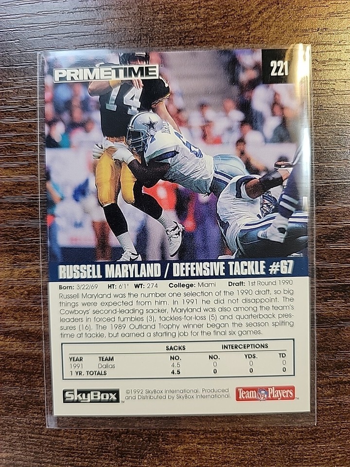 1992 Skybox Primetime #221 Russell Maryland - Dallas Cowboys-NFL ...