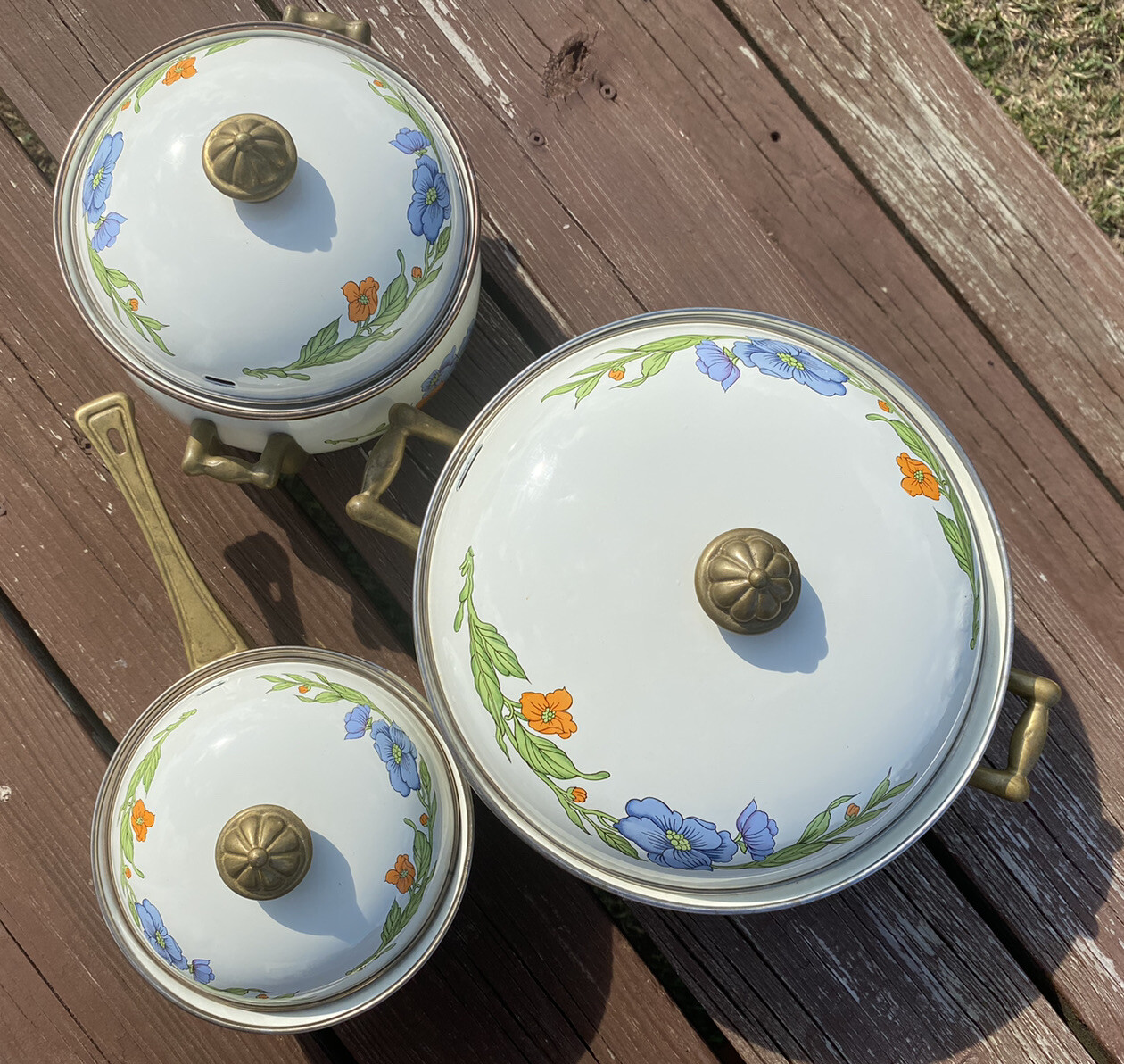 6 Pc TL Enamel Pot Set Blue Orange Green Floral | eBay