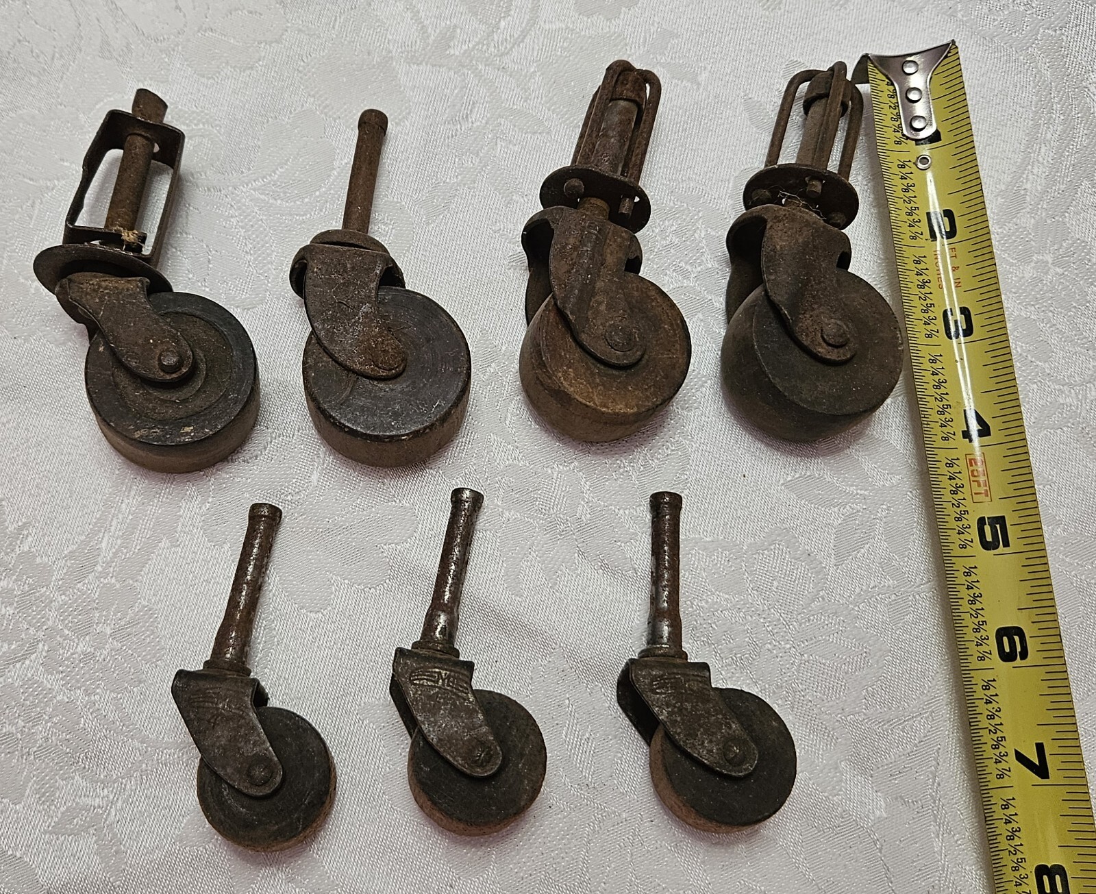 LOT OF 7 VINTAGE ANTIQUE WOODEN CASTER WHEELS CABINET DRESSER TABLE ...