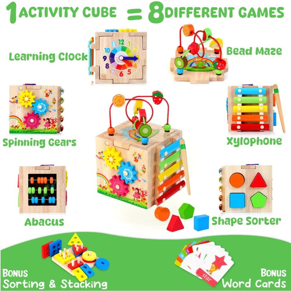 8-in-1 Wooden Baby Activity Cube - Xylophone, Shape Sorter, Abacus| 1st ...