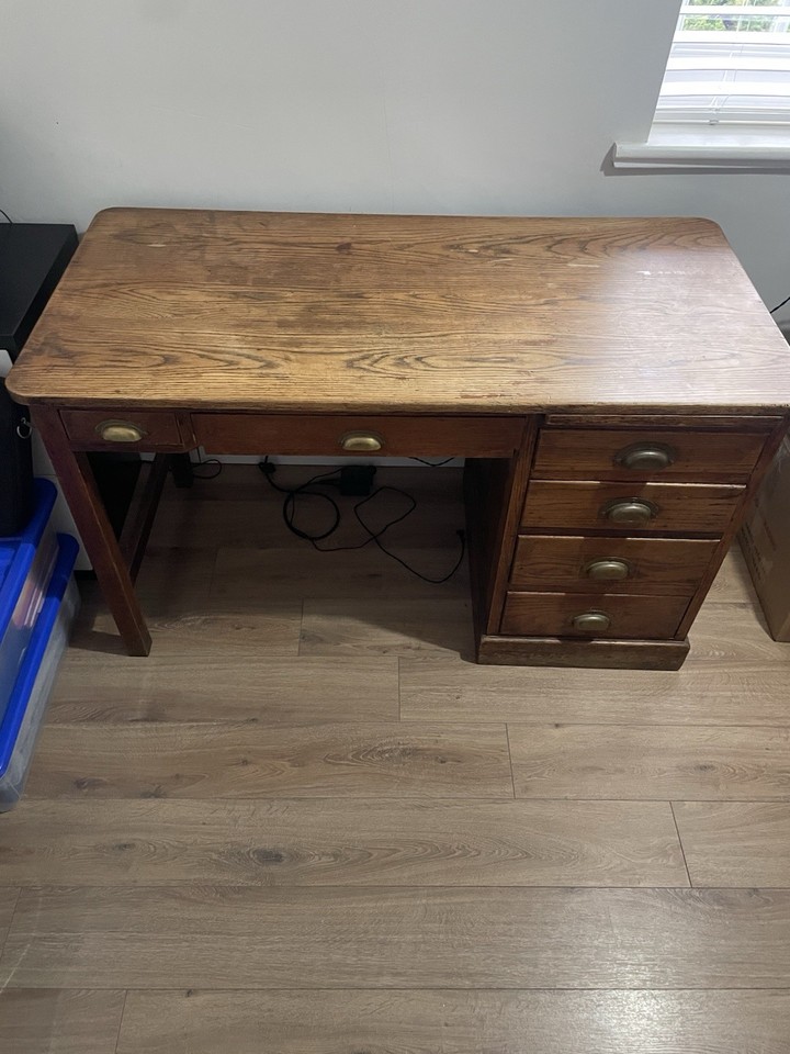 Solid Oak Vintage 6 Drawer Desk with Pull Out Writing Table | eBay UK