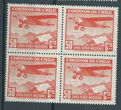 CHILE 1941 Sc.C58 50 cts. red orange airplane aircraft MNH block of 4 ...