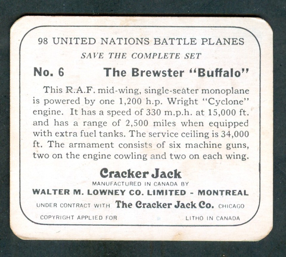 1940s Brewster Buffalo Airplane Cracker Jack Lowney Planes V407 #6 ...