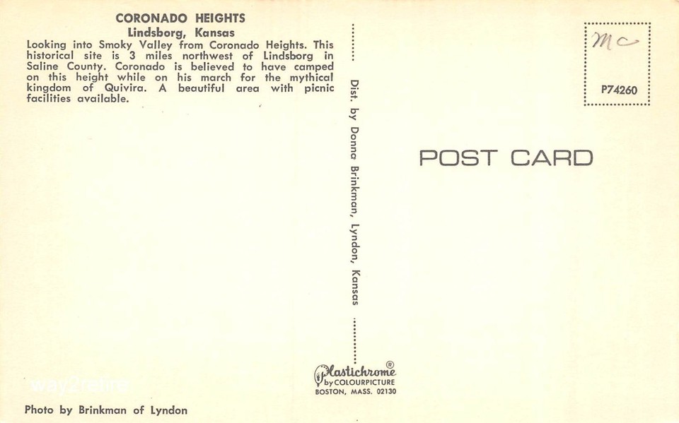 Postcard KS Lindsborg Coronado Heights Smoky Valley Saline County ...
