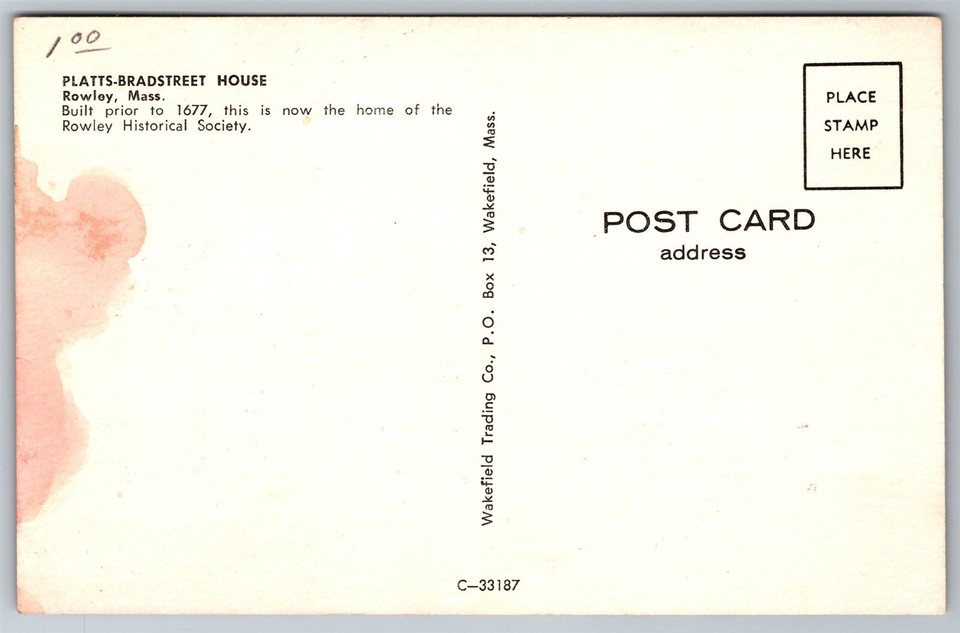 Postcard Platts-Bradstreet House, Rowley MA N136 | eBay