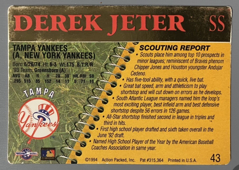 1994 Action Packed Derek Jeter Scouting Report Rookie Card #43 Tampa Yankees | eBay