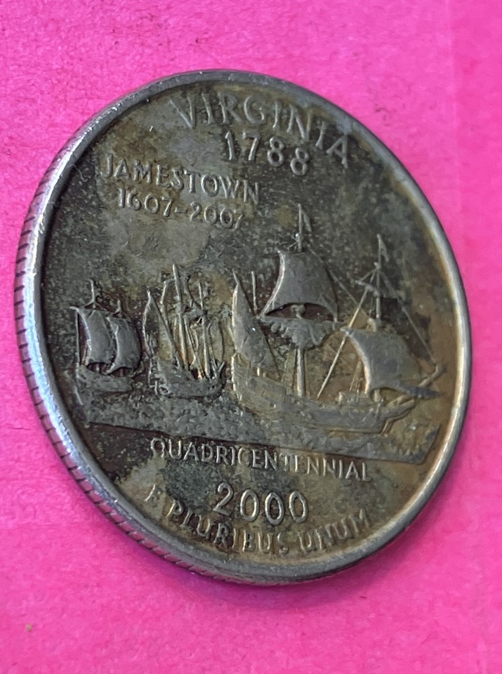 2000 P Virginia State quarter, Natural“Green Camo” tone, DDR, obv brock ...