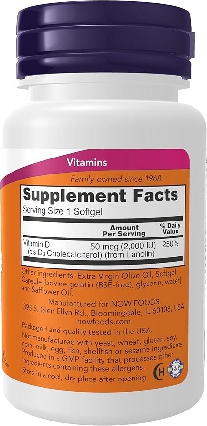 Now Supplements Vit D-3 2000 IU - 120 Softgels, Immune Support - Bone ...