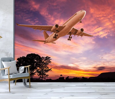 3D Sunset Plane G1298 Transport Wallpaper Mural Self-adhesive Removable ...