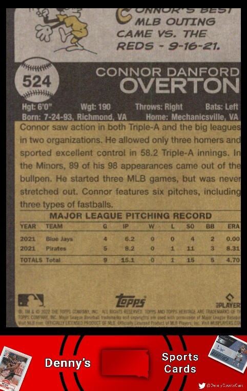 2022 Topps Heritage #524 Connor Overton Cincinnati Reds Baseball Card ...