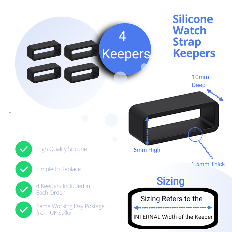 Premium Watch Strap Loops - 4 Pack - Black Silicone Rubber Keepers 18 ...
