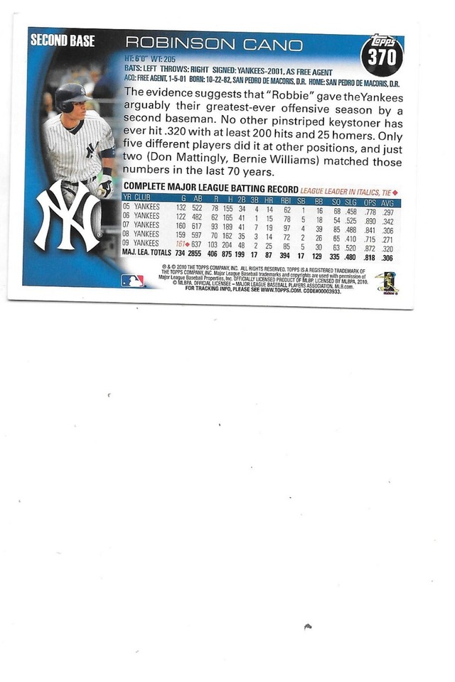 Robinson Cano 2010 Topps Baseball Card #370 New York Yankees | eBay