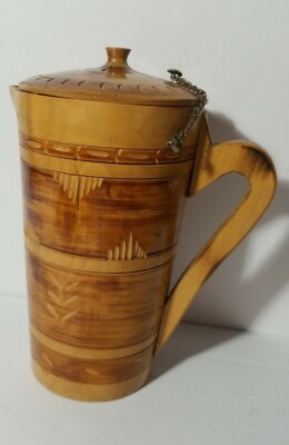 Hand Carved Wooden Pitcher with Attached Lid Vintage Holds 3C | eBay