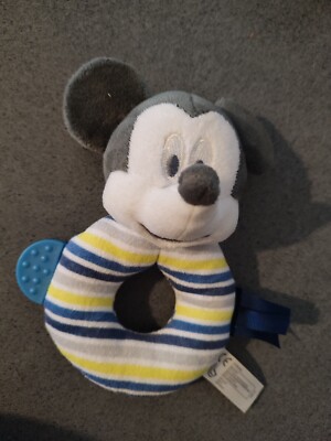 Doudou hochet DISNEY NICOTOY MICKEY JAUNE BLEU GRIS RAYE TBE | eBay