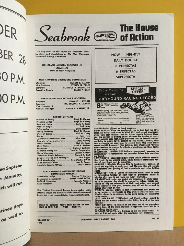 1974 Seabrook Greyhound Racing Program, MINT program dated September 27 ...