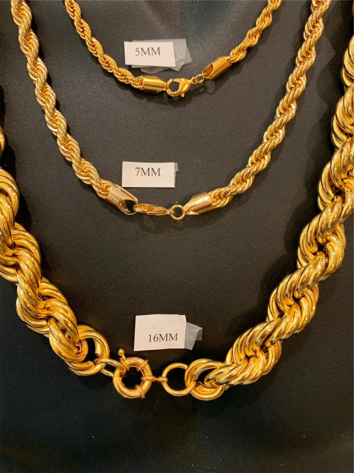 14KT GOLD PLATED 5mm,7mm, 16mm ROPE CHAINS BLING BLING 16"-36"-USA ...