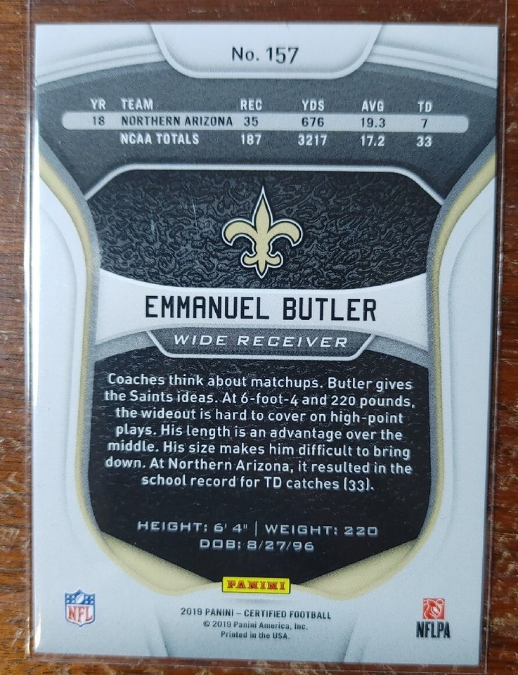 2019 Panini Certified Mirror Purple New Orleans Saints Emmanuel Butler ...