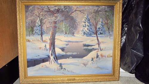 Ernest Fredericks 29X35 Large Oil Painting Winter Stream scene c1940 ...