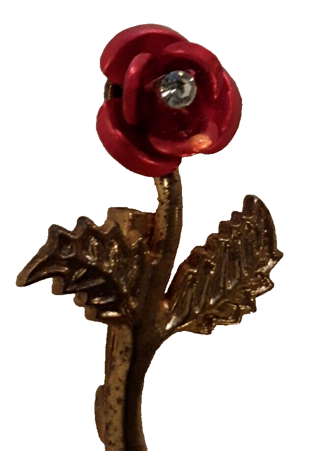 Red Rose Brooch Pin Gold Tone Stem Clear Stone Middle of Rose 1" | eBay