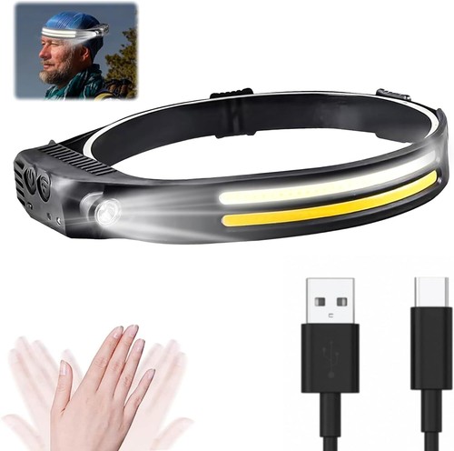 COB LED Head Torch Rechargeable Light Lamp Headband Strip 2 Sources ...