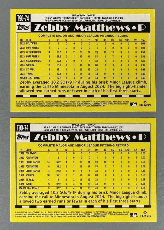 2- 2025 Topps Series 1 Zebby Matthews 1990 Retro Rookie RC #T90-74 ...