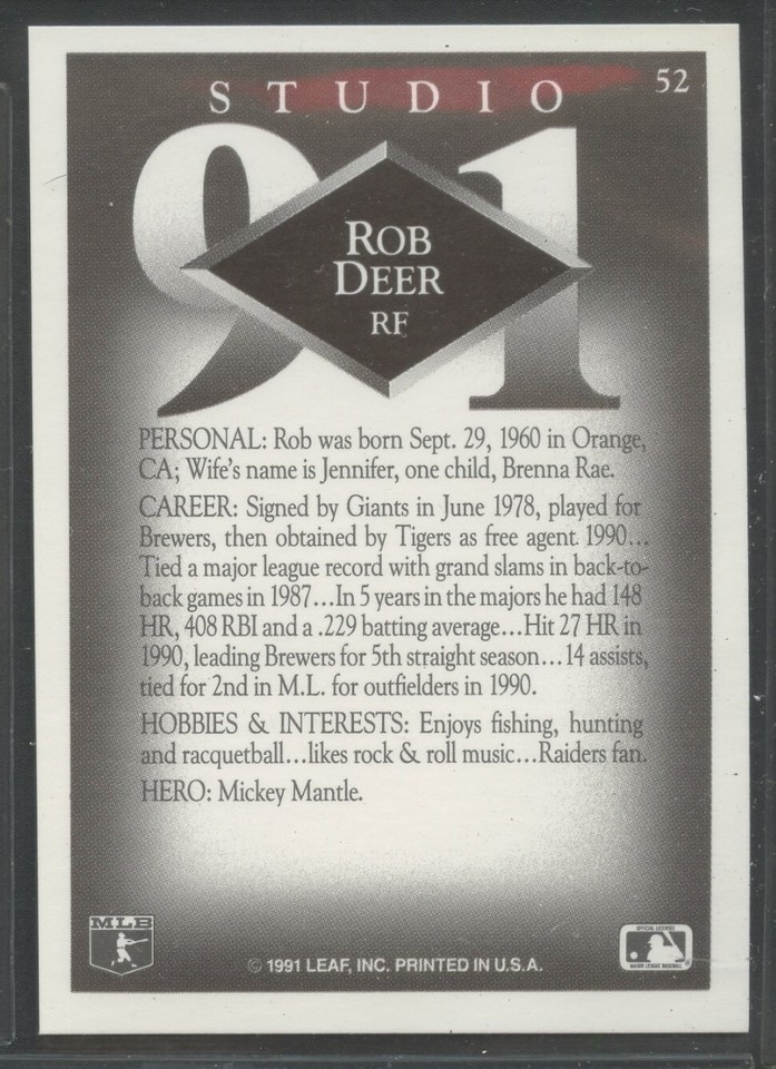 1991 Leaf Studio #52 Rob Deer Detroit Tigers | eBay