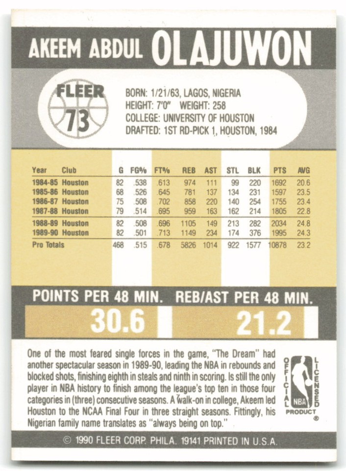 1990 Fleer #73 Akeem Olajuwon Houston Rockets | eBay