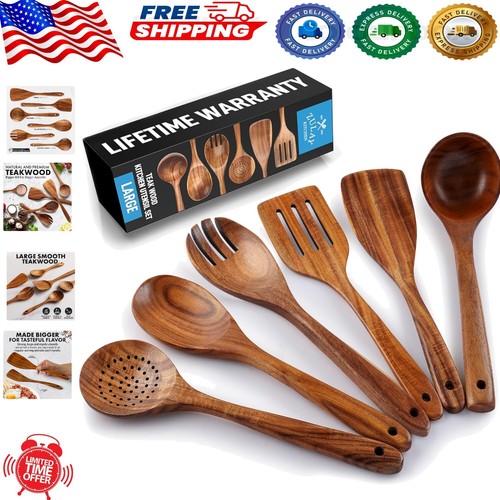 Durable Comfort-Grip Teak Wooden Utensils - Large Set for All Cooking ...