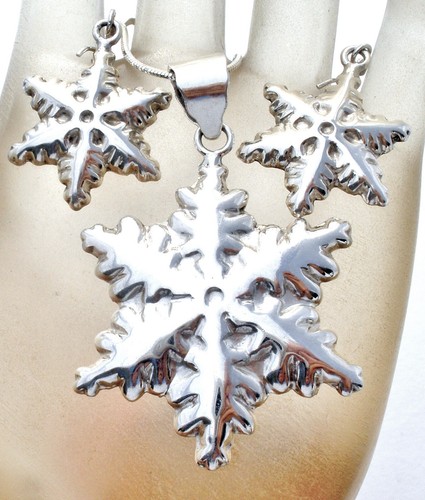 Sterling Silver Snowflake Set Necklace & Earrings Dangle Pierced ...
