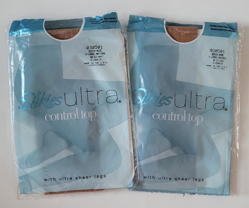 2 Silkies Ultra Control Top Pantyhose Nude XL QUEEN Sheer Legs NEW NOS ...
