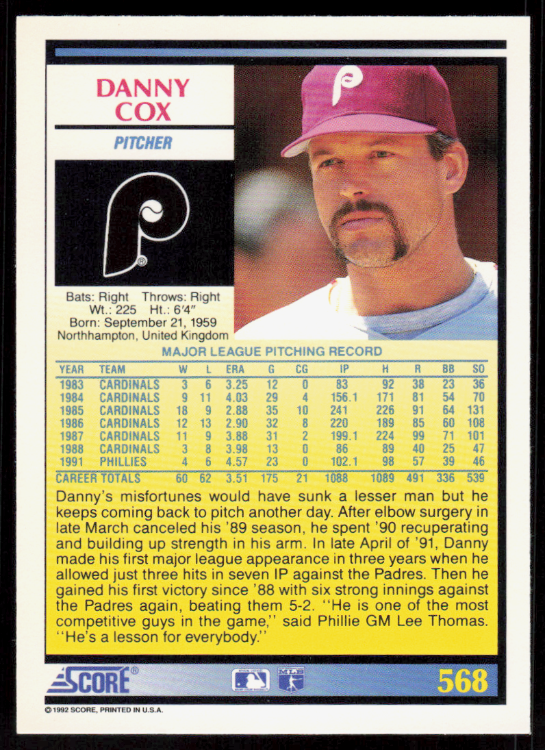 1992 Score 568 Danny Cox Philadelphia Phillies | eBay