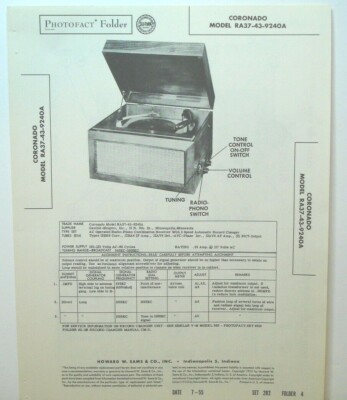SAMS PHOTOFACT FOLDER 282-4 CORONADO RADIO RECORD PLAYER RA37-43-9240A ...