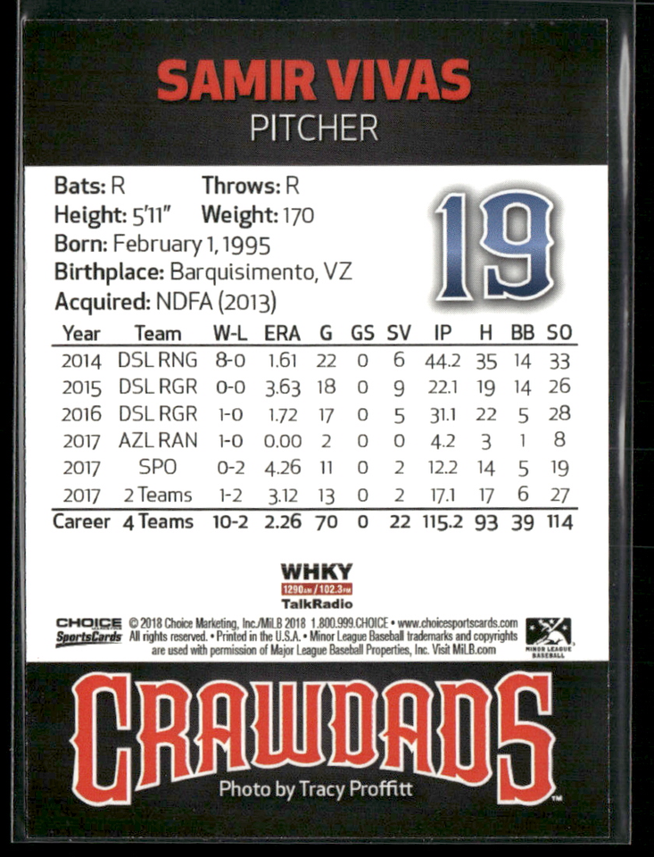 Samir Vivas 2018 Hickory Crawdads 2nd Second Half Team Set | eBay