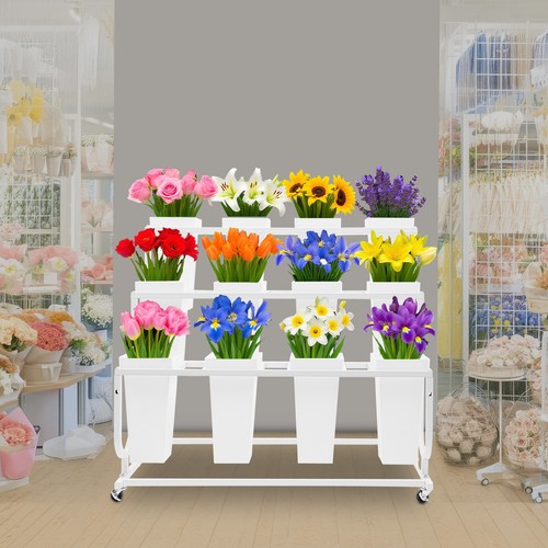 Metal Flower Display Stand, Plant Stand w/Wheels,Buckets, Movable ...