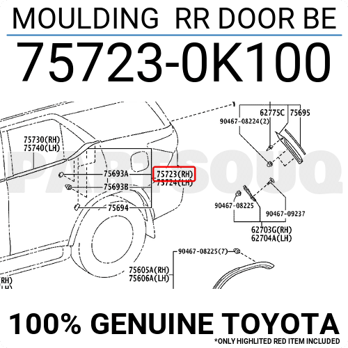 757230K100 Genuine Toyota MOULDING RR DOOR BE 75723-0K100 | eBay